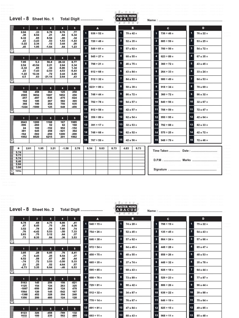 8th Level Practice Sheet | PDF | Tools | Teaching Mathematics