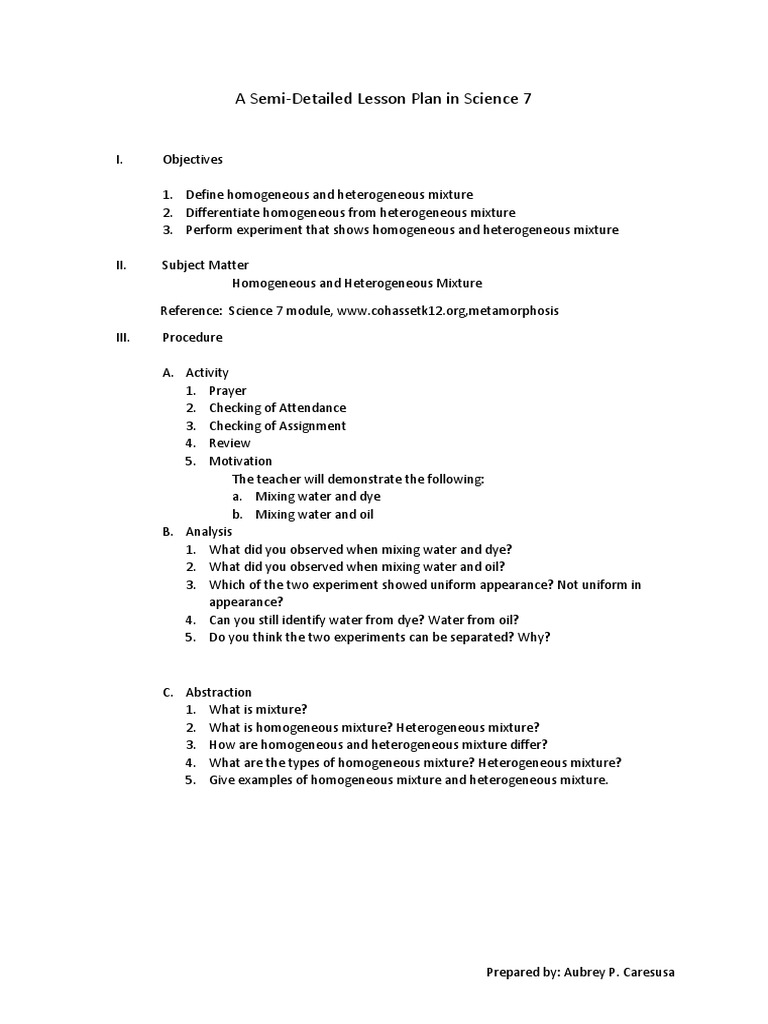 Lesson Plan | PDF | Homogeneity And Heterogeneity | Mixture