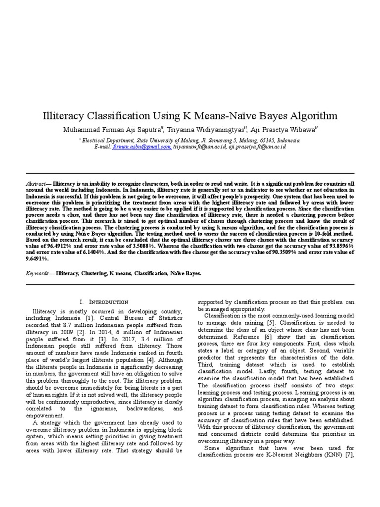 Illiteracy Classification Using K Means-Naïve Bayes Algorithm | PDF | Statistical Classification ...