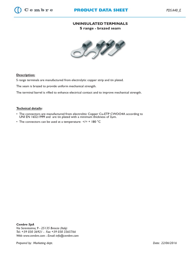 Uninsulated Terminals S Range - Brazed Seam: Technical Specifications ...