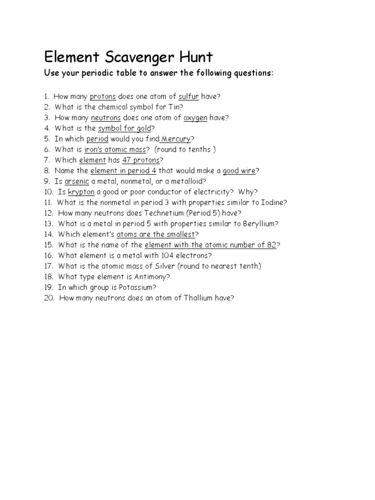 Periodic Table Scavenger Hunt Worksheet | PDF | Technology & Engineering