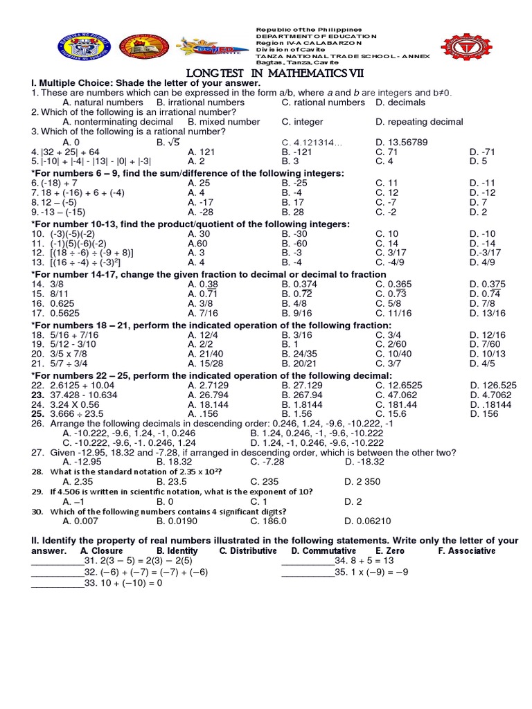 Math 7 First Long Test | PDF | Numbers | Rational Number