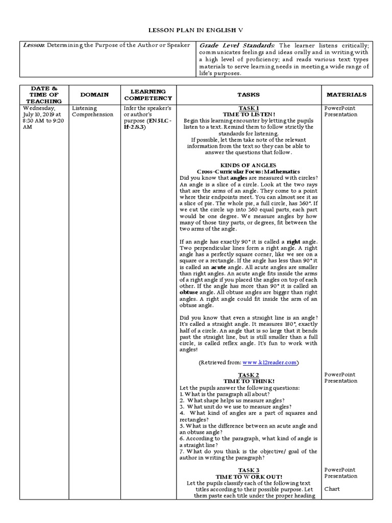 Author's Purpose Lesson Plan for Grade 5 | PDF | Angle | Lesson Plan