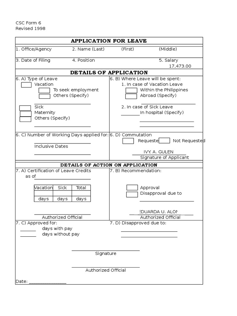 F 005 CS FORM 6 Application For Leave | PDF | Labor | Government
