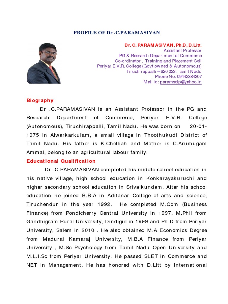 About C.paramasivan | PDF | Doctor Of Philosophy | Tamil Nadu