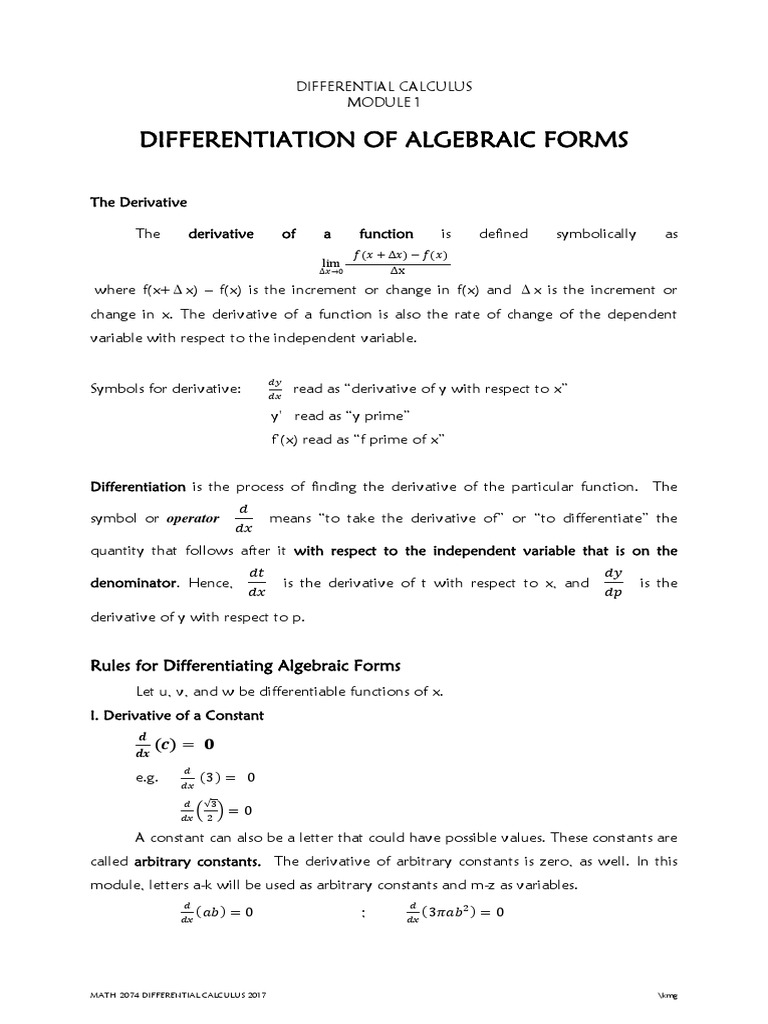 Differential Calculus: Derivative Rules | PDF | Variable (Mathematics) | Derivative