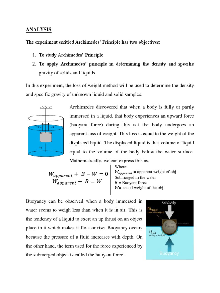Archimedes' Principle Experiment | PDF | Buoyancy | Density