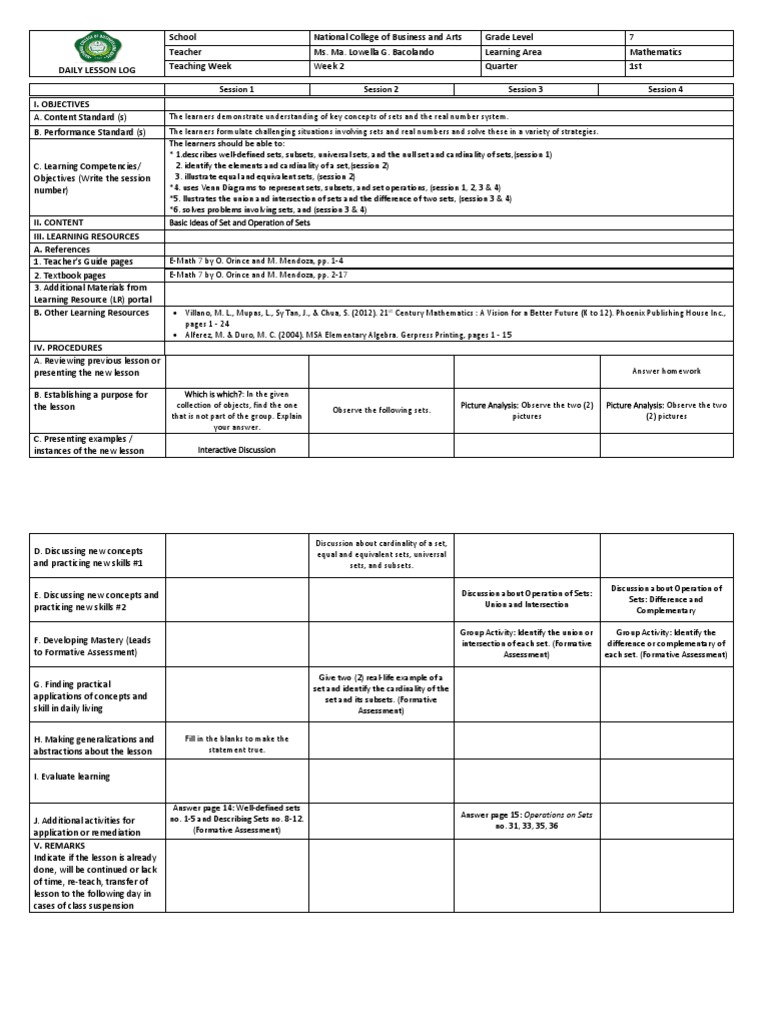 DLL Grade 7 | PDF | Set (Mathematics) | Education Theory