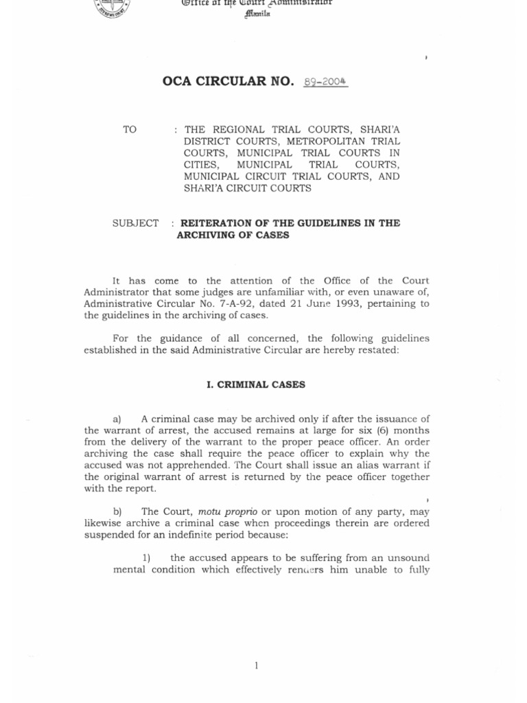 OCA Circular No. 89-2004 | Download Free PDF | Arrest Warrant | Lawsuit
