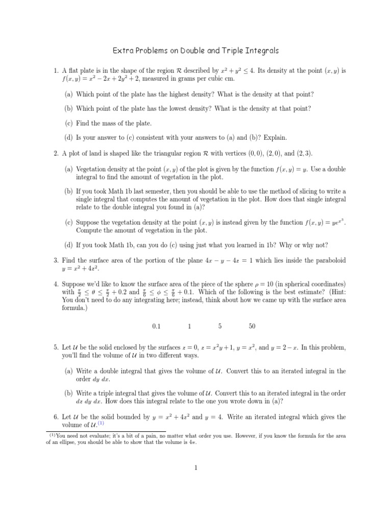Extra Problems On Double and Triple Integrals | PDF | Volume | Area