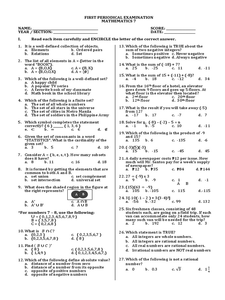 FIRST PERIODICAL EXAMINATION MATHEMATICS 7 | PDF | Rational Number ...