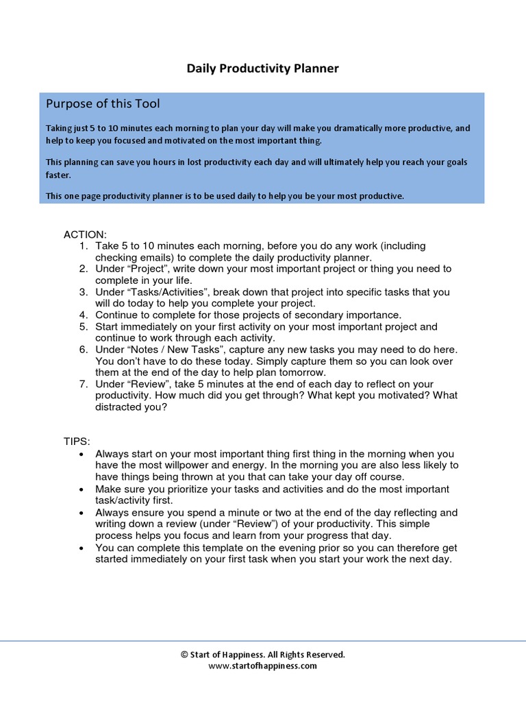 Purpose of This Tool: Daily Productivity Planner | PDF | Cognition ...