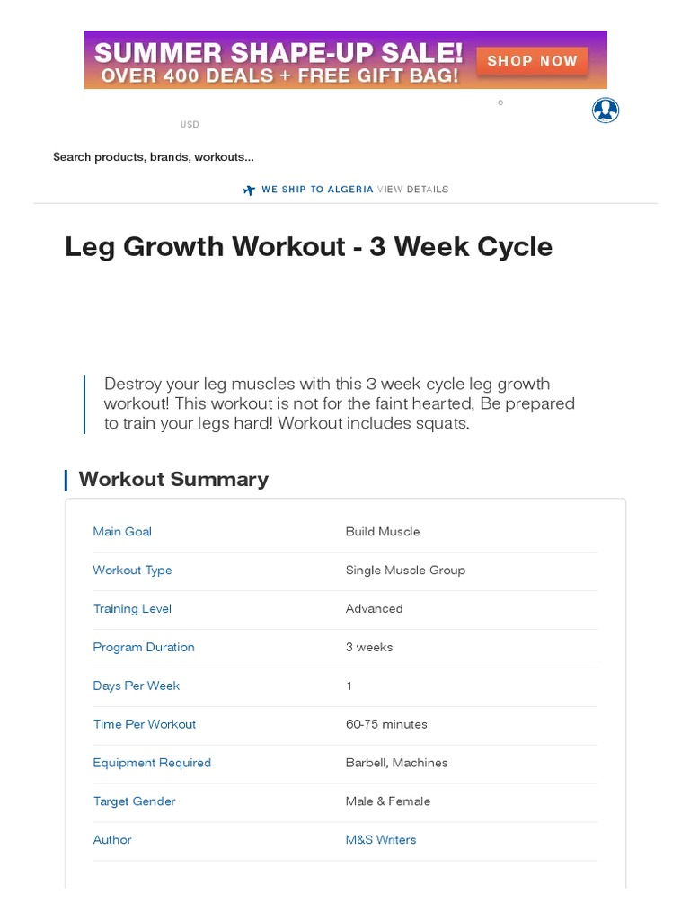 Leg Growth Workout - 3 Week Cycle - Muscle & Strength | PDF | Weight ...