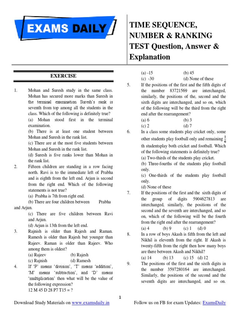Time Sequence, Number & Ranking TEST Question, Answer & Explanation ...