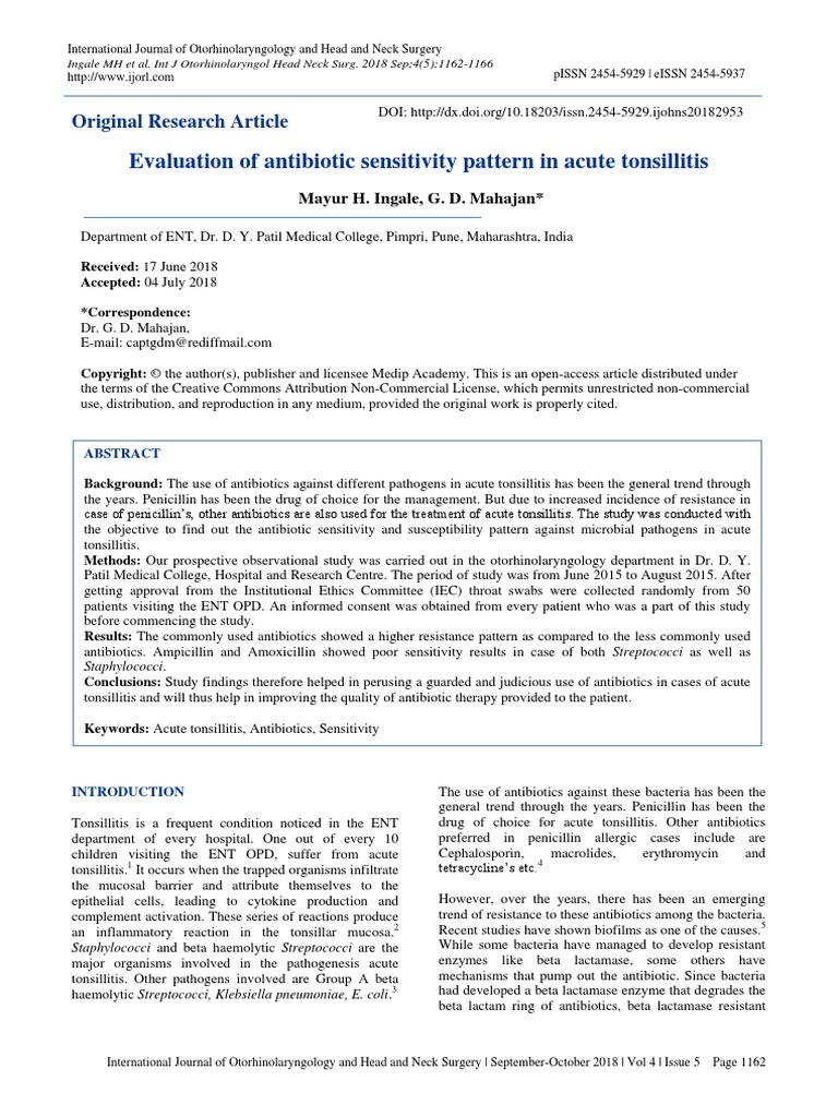 Evaluation of Antibiotic Sensitivity Pattern in Acute Tonsillitis | PDF | Methicillin Resistant ...