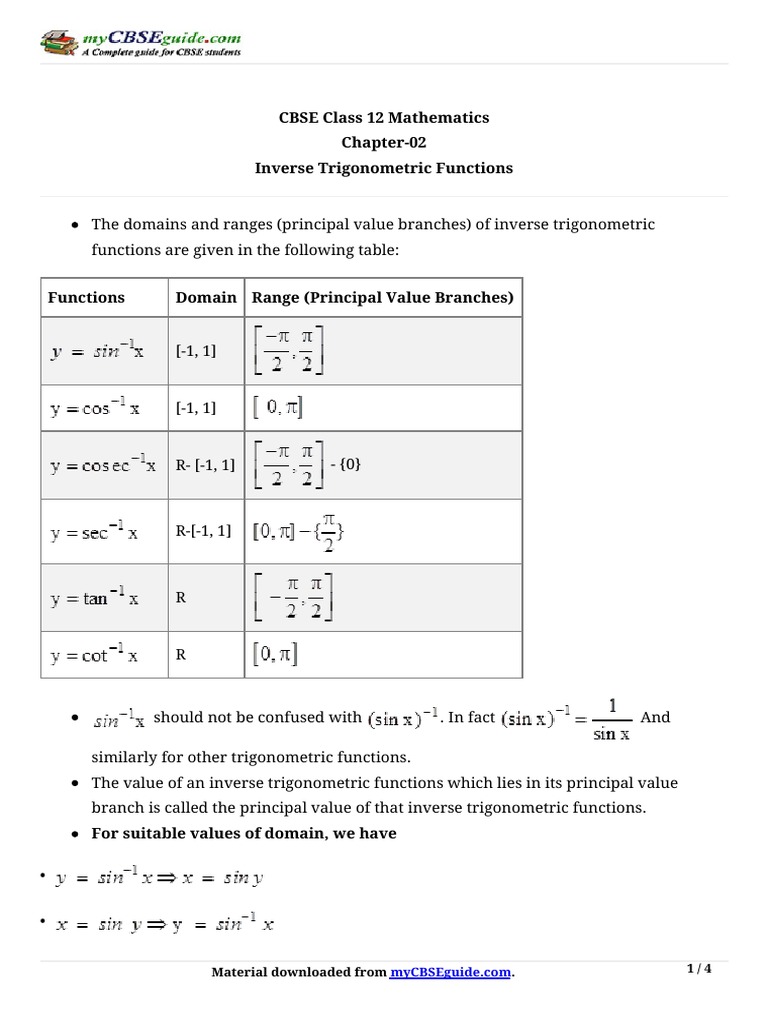 Inverse Trigonometric Functions Class 12 | PDF