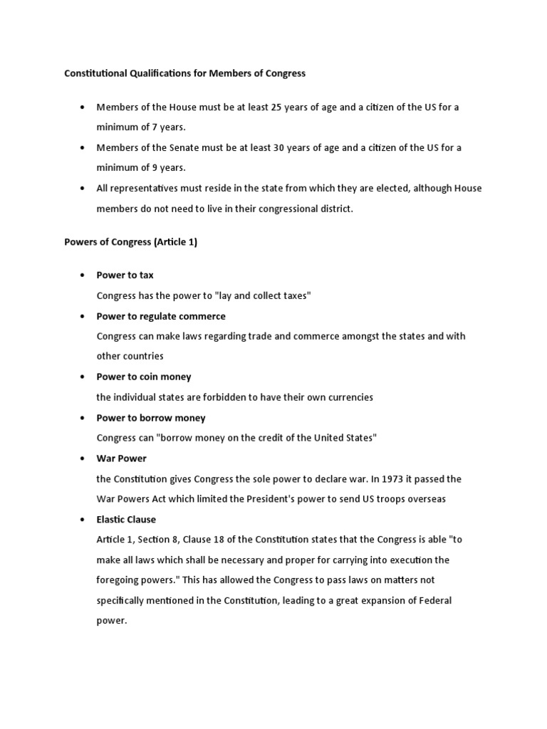Congressional Qualifications & Powers | PDF | American Government ...
