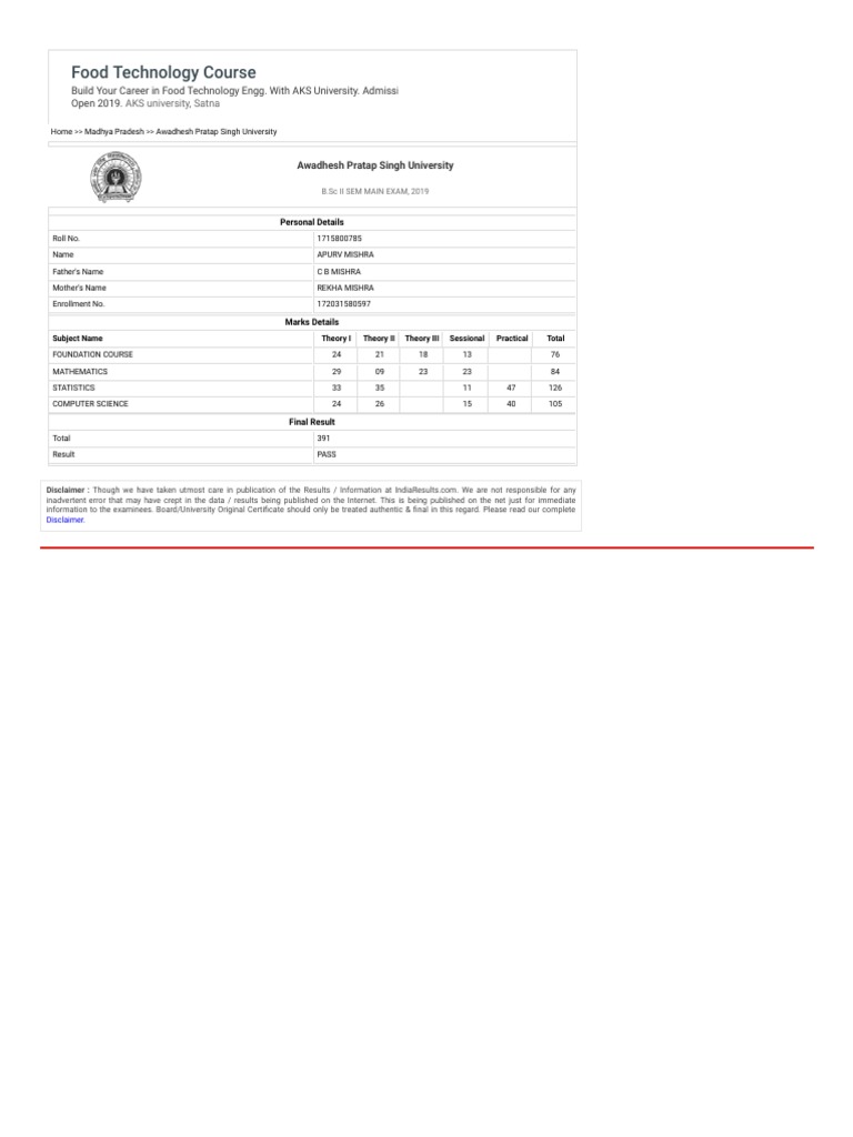 Food Technology Course: AKS University, Satna | PDF