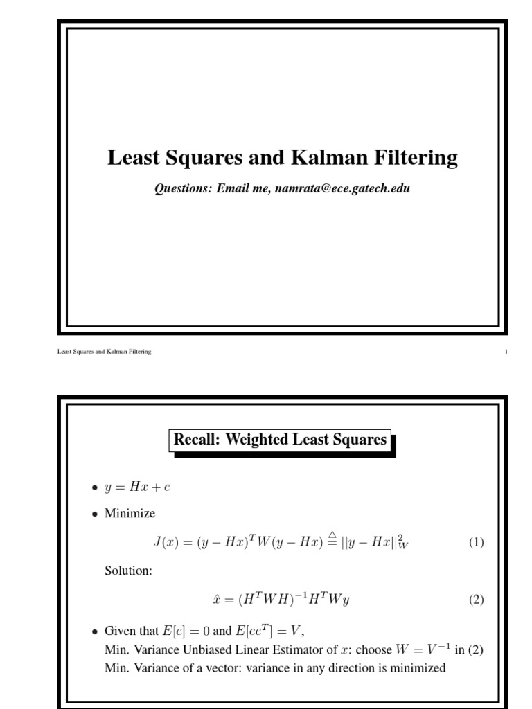 Least Squares And Kalman Filtering Questions Email Me Namrata Ece