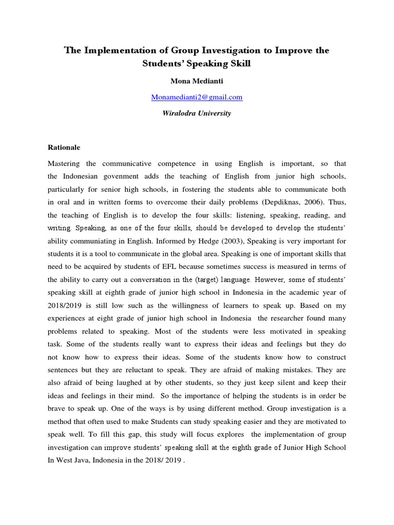 The Implementation of Group Investigation To Improve The Students' Speaking Skill | PDF ...