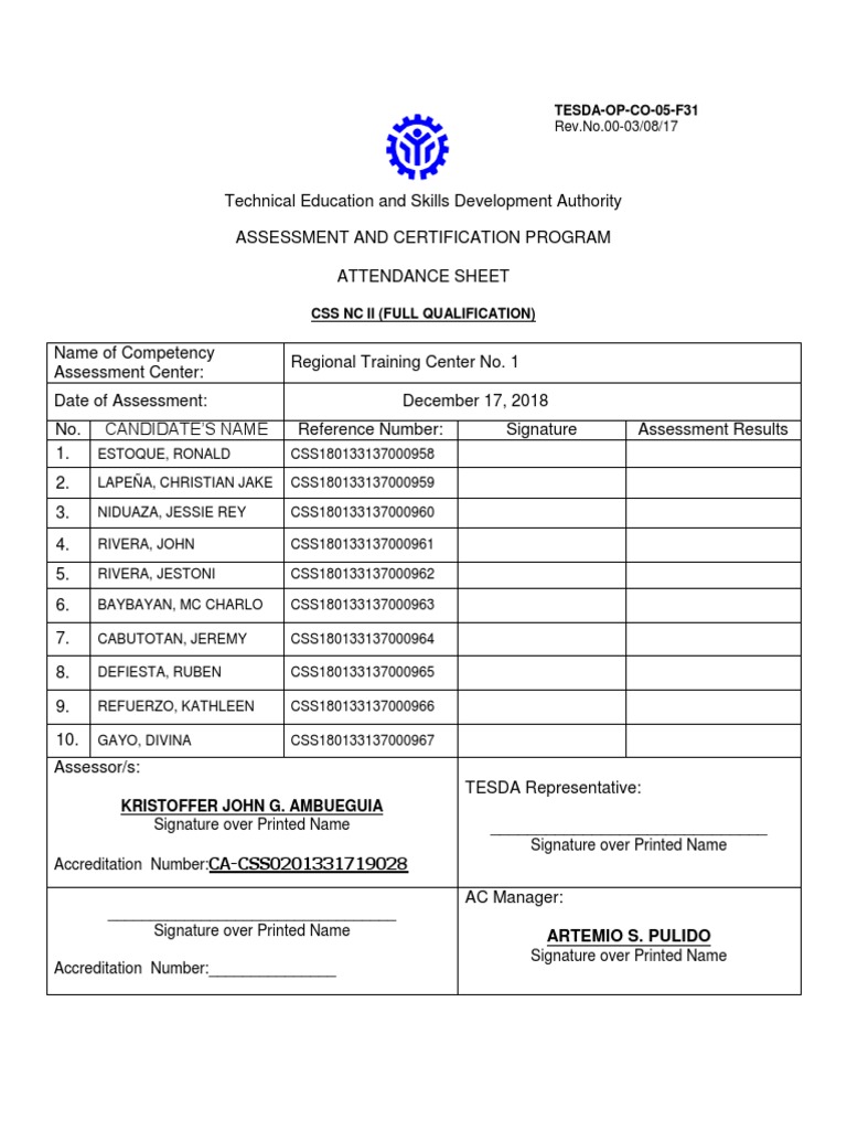 Tesda-Op-Co-05-F31: Ca-Css0201331719028 | PDF | Educational Stages ...