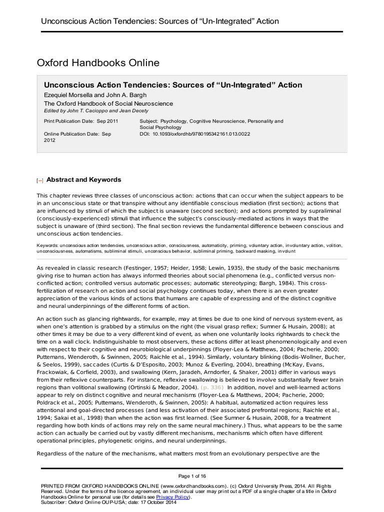 Morsella Unconscious Action | PDF | Consciousness | Perception