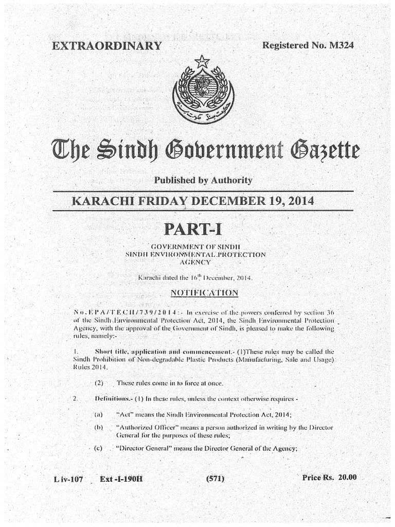 Sindh Prohibition of Non-Degradable Plastic Products (Sale and ...