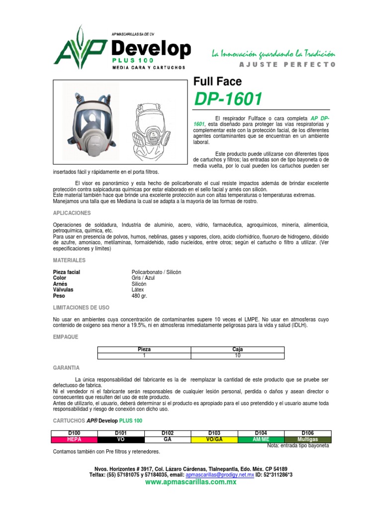 Ficha Tecnica Mascarilla Full Face Develop Plus 1601nueva PDF | PDF | Silicona | Contaminación
