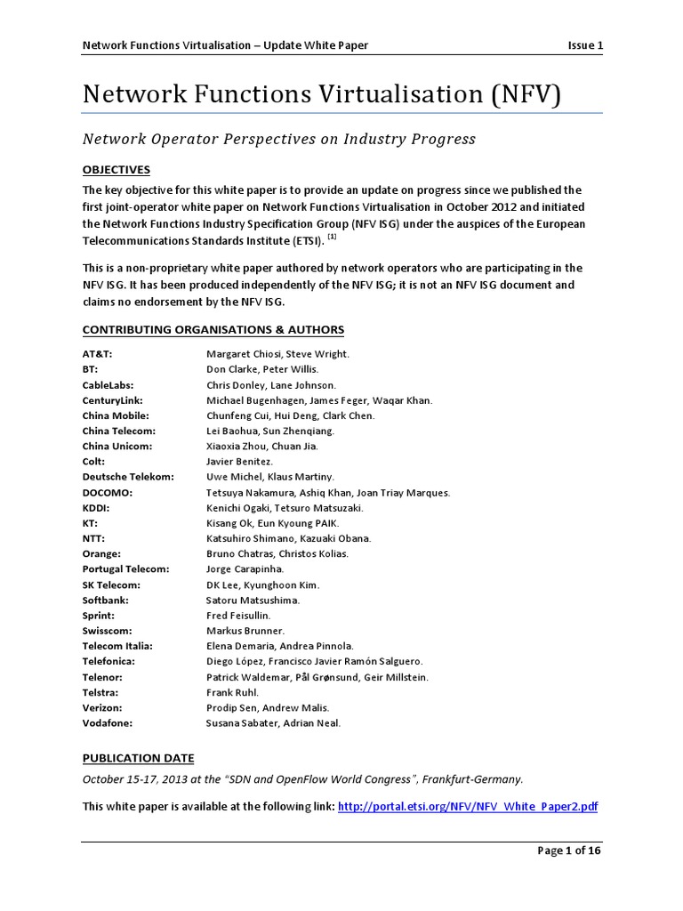 Network Functions Virtualisation (NFV) : Network Operator Perspectives On Industry Progress ...