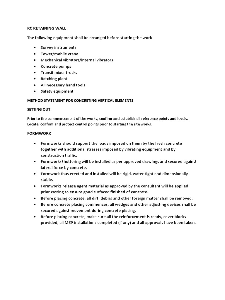 RC Retaining Wall: Method Statement For Concreting Vertical Elements ...