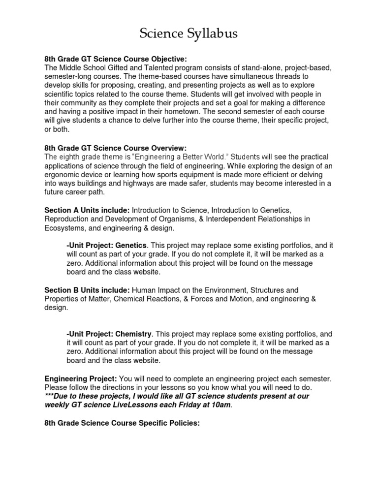8th Grade GT Science Syllabus | PDF | Design | Engineering
