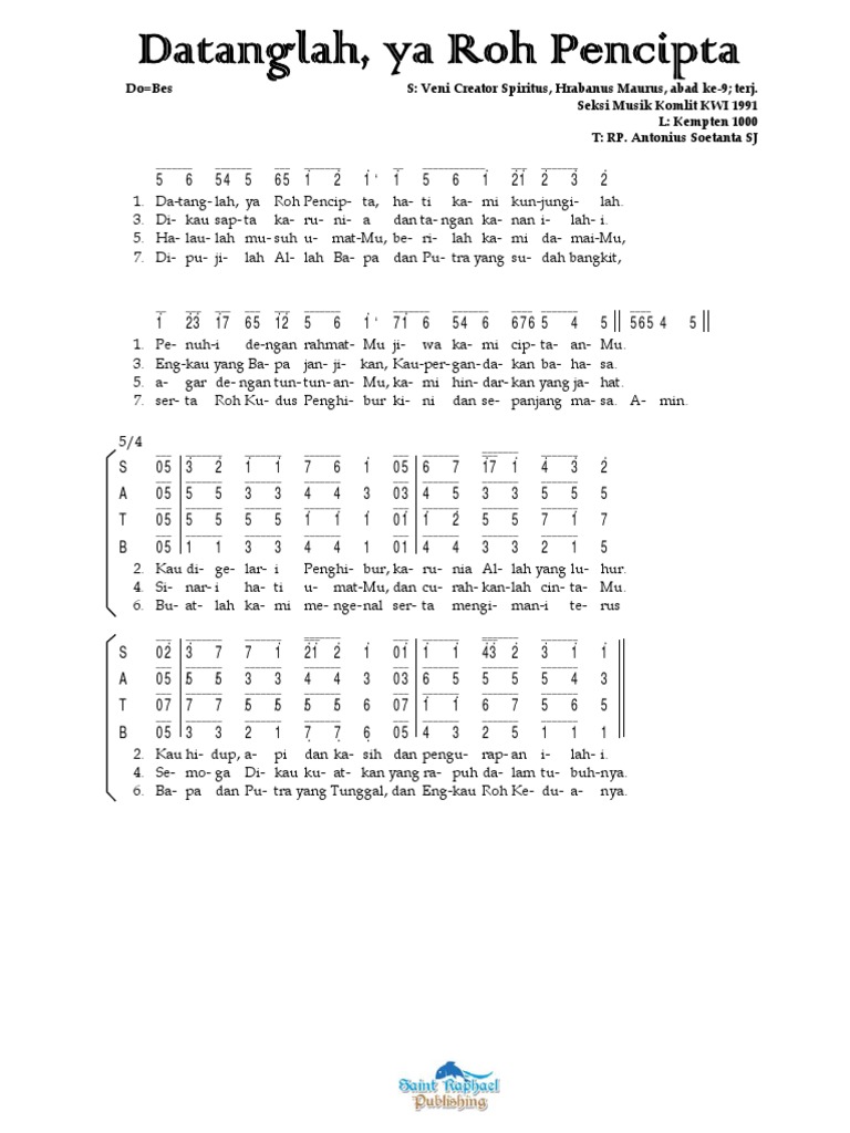 Datanglah Ya Roh Pencipta (PS 565), Bait Genap Gubahan Romo Antonius Soetanta SJ PDF | PDF