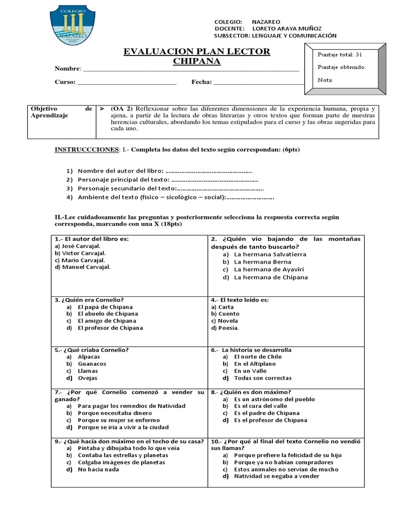 Evaluacion Plan Lector Chipana | PDF