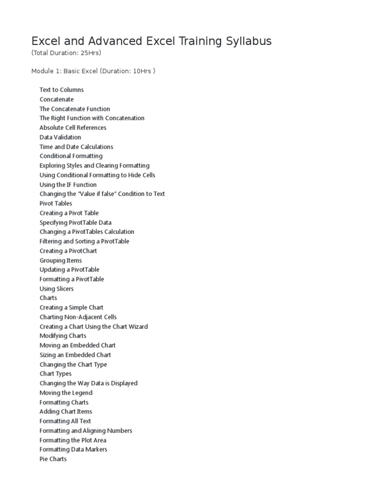 Excel and Advanced Excel Training Syllabus | PDF | Microsoft Excel ...