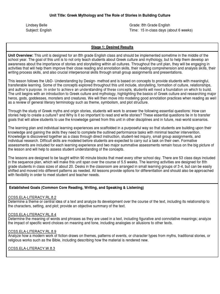 Ubd Unit Plan | PDF | Narrative | Educational Assessment