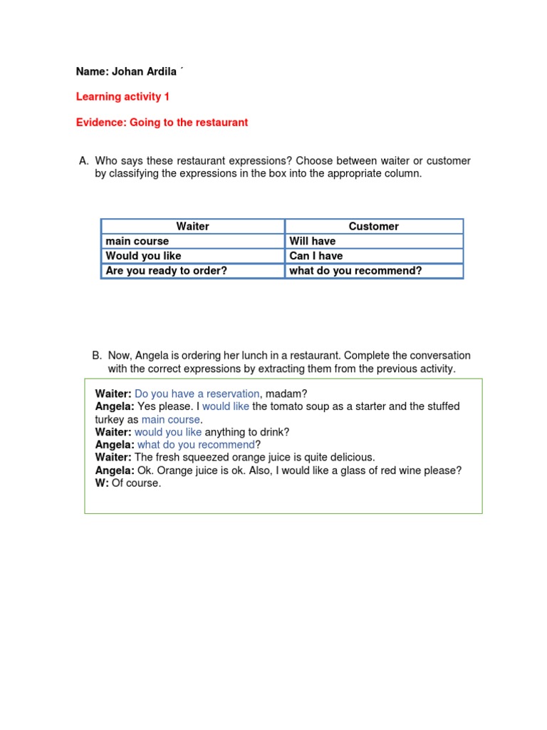 Restaurant Dialogue Practice Activity | PDF | Waiting Staff | Restaurants