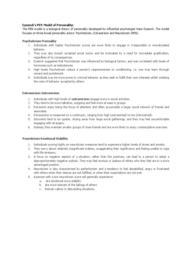 Eysenck Personality Theory Pdf Extraversion And Introversion