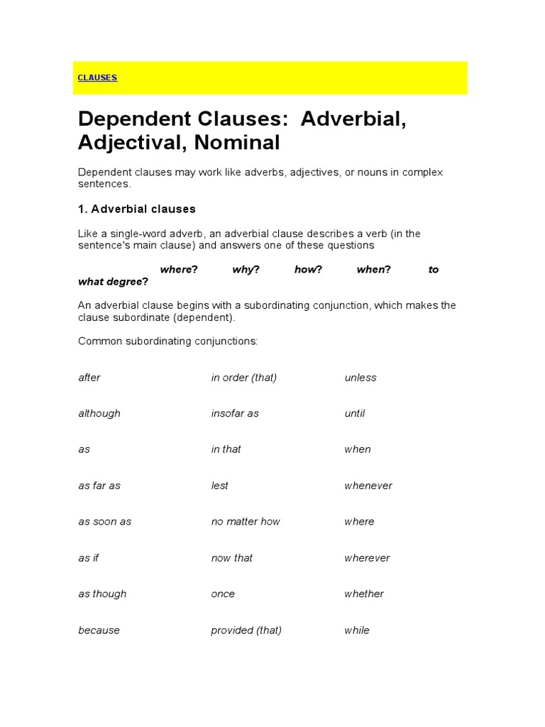 Dependent Clauses: Adverbial, Adjectival, Nominal | PDF | Adjective ...