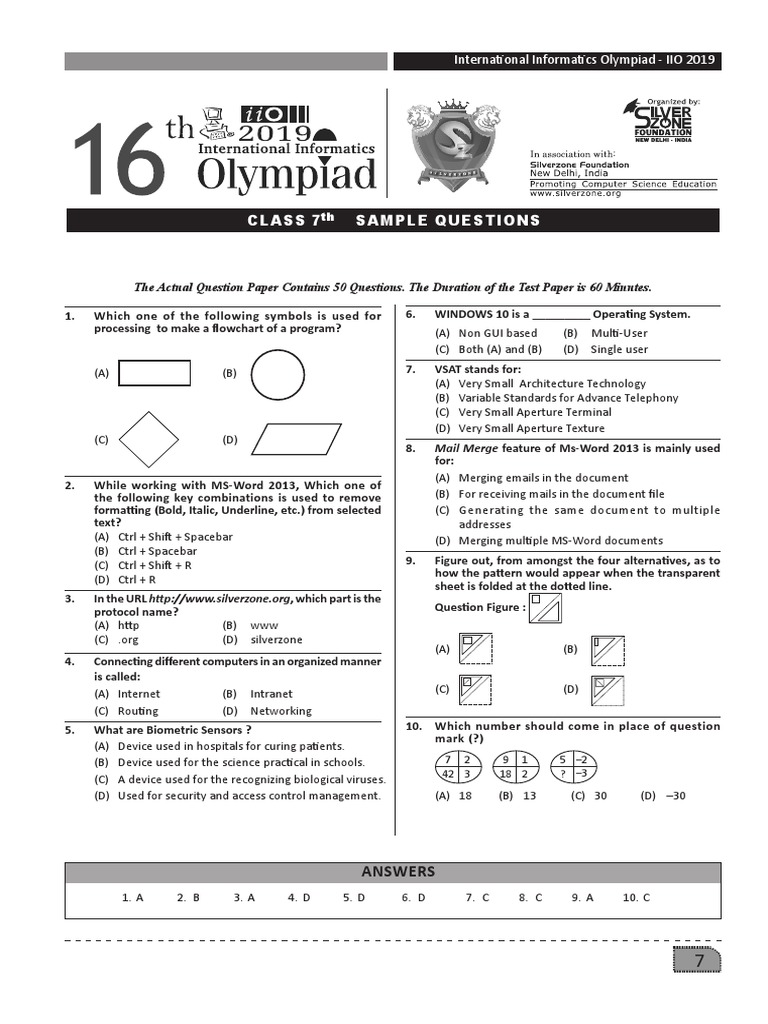 Class 7 Sample Questions: The Actual Question Paper Contains 50 ...