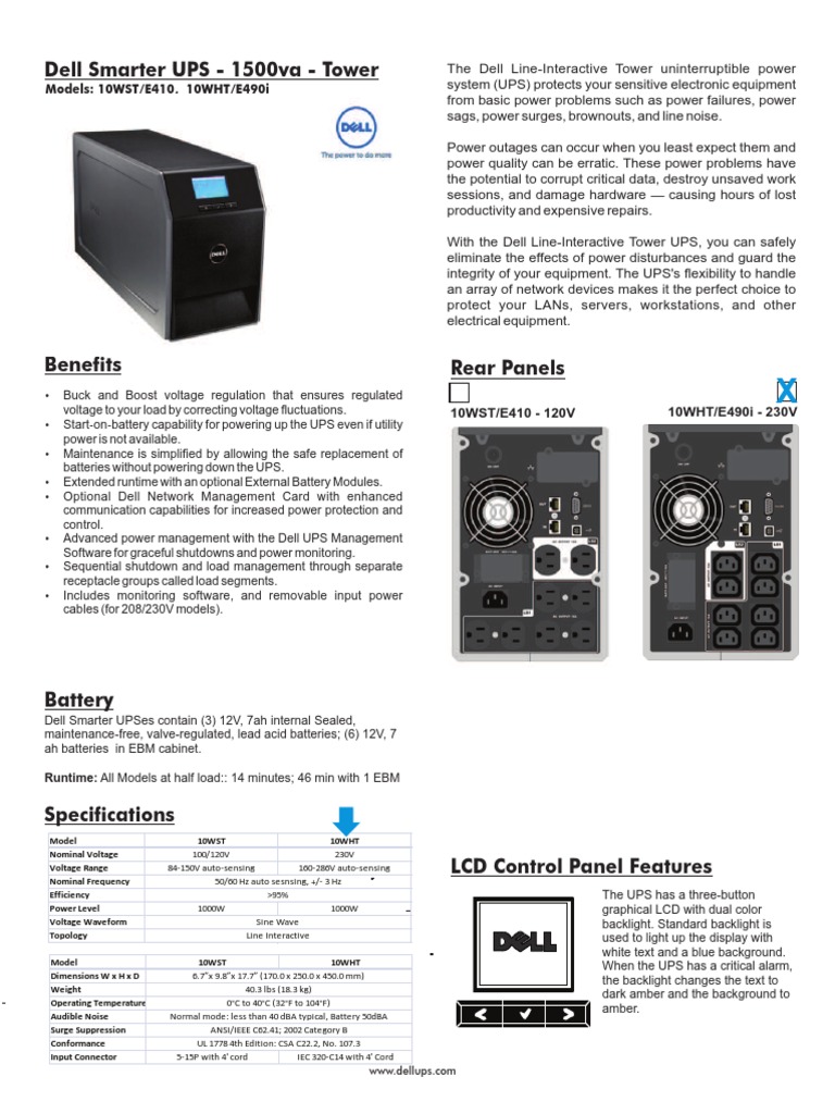 Dell 1000W UPS Spec Sheet | PDF | Electric Power | Computer Engineering