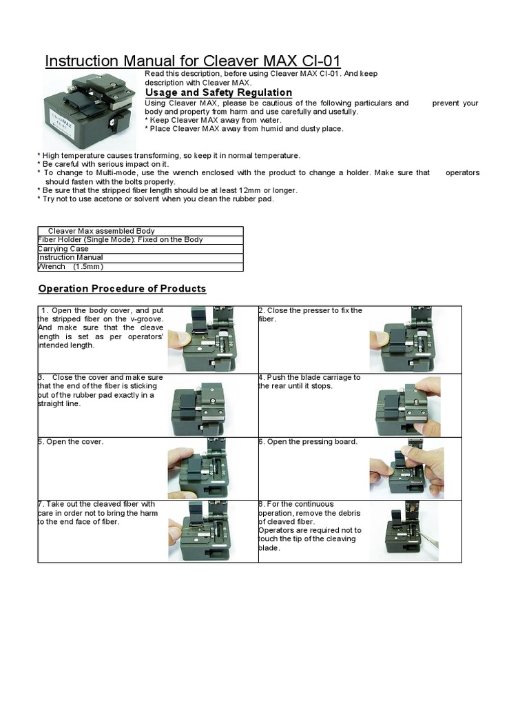 Instruction Manual For Cleaver MAX CI-01: Usage and Safety Regulation ...