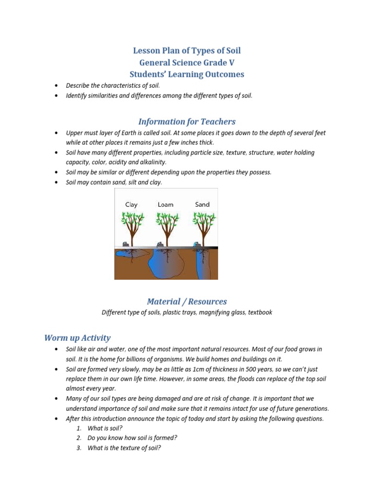 Types of Soil Lesson Plan for Grade V | PDF | Soil | Land Management