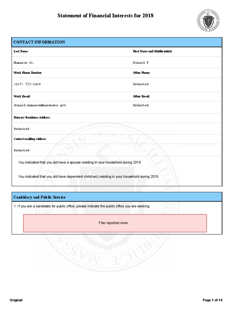 State Sen. Donald Humason 2018 SFI | PDF | Trust Law | Mortgage Loan