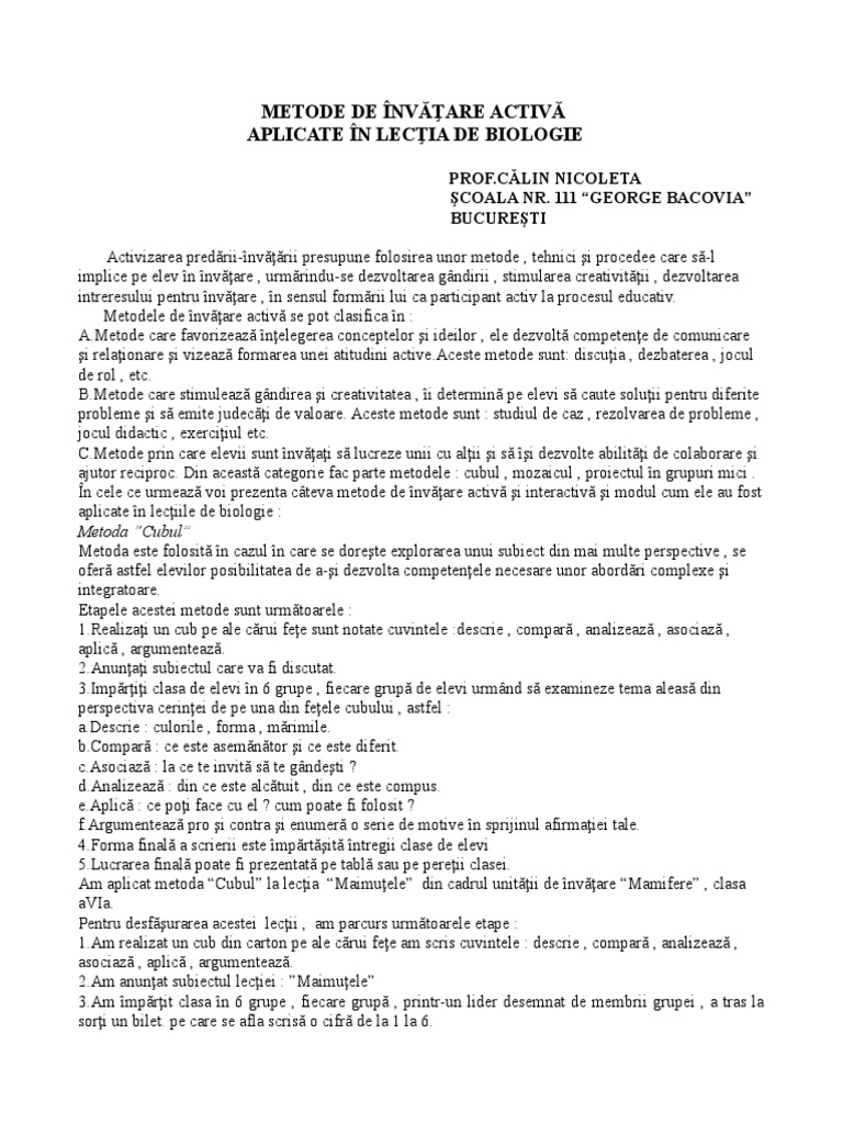 Metode de Invatare Activa Aplicate in Lectia de Biologie | PDF