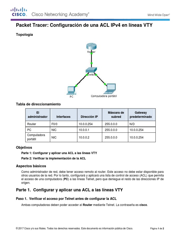 7.2.3.3 Packet Tracer Configuring An IPv4 ACL On VTY Lines Instructions | Descargar gratis PDF ...