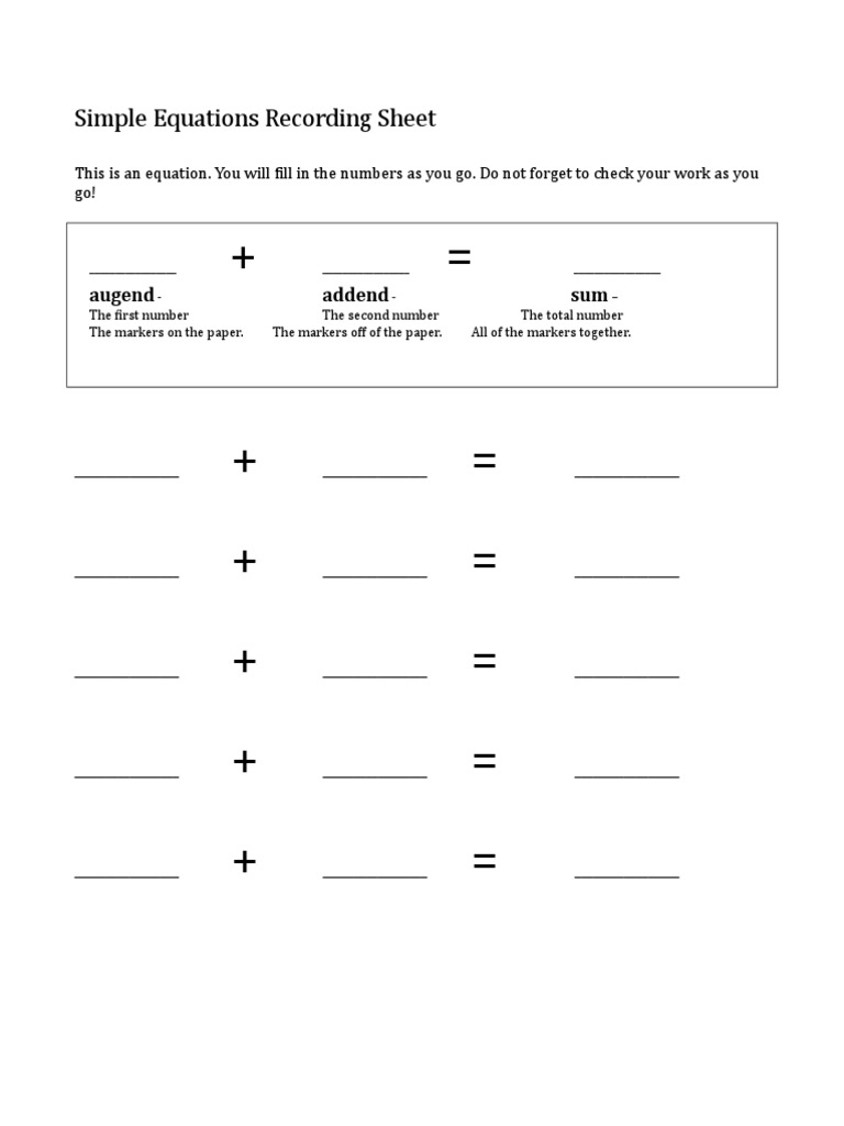 Simple Equations Recording Sheet: Augend Addend Sum | PDF