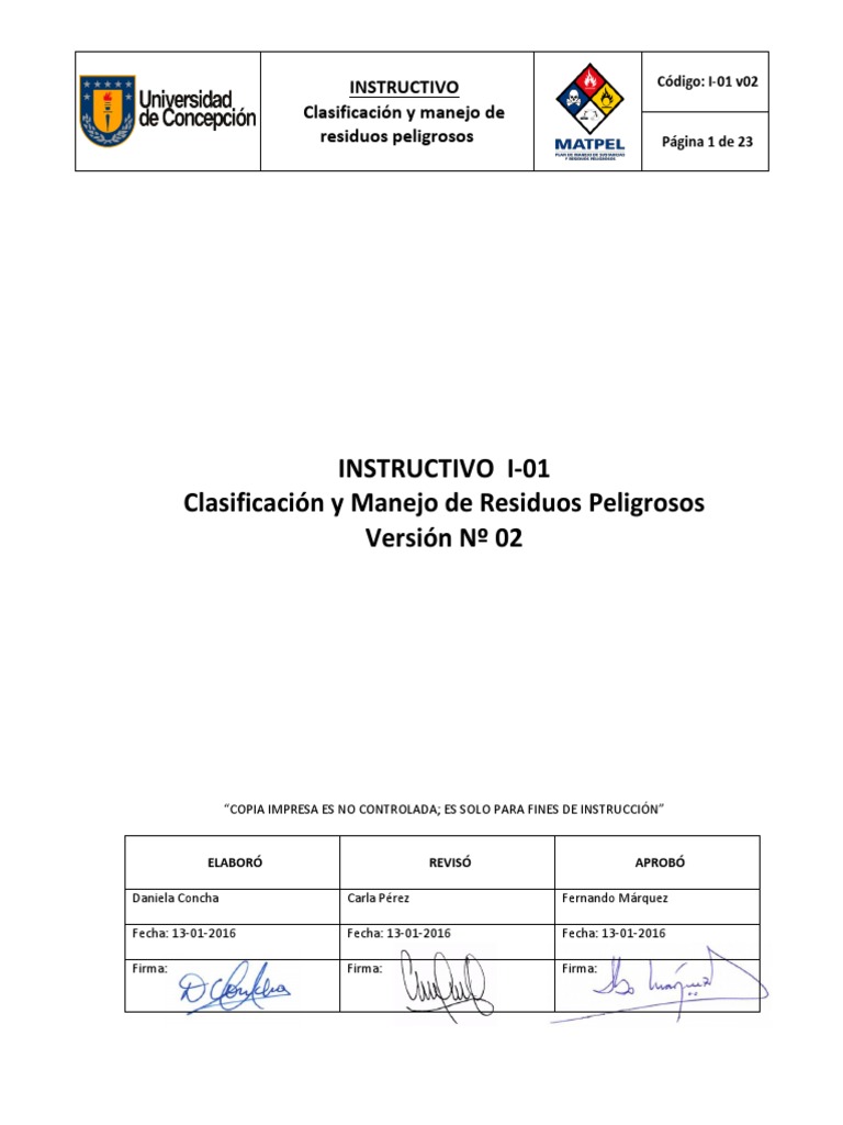 I 01 v02 Clasificación y Manejo de Residuos Peligrosos v2 13 Ene 16 PDF ...