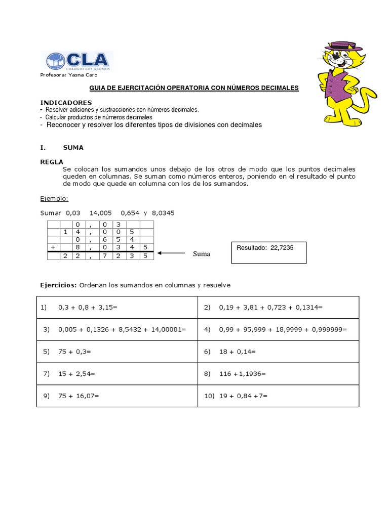 Guia Matematica Operatoria Decimales 03-08-2015 | PDF | Sustracción ...