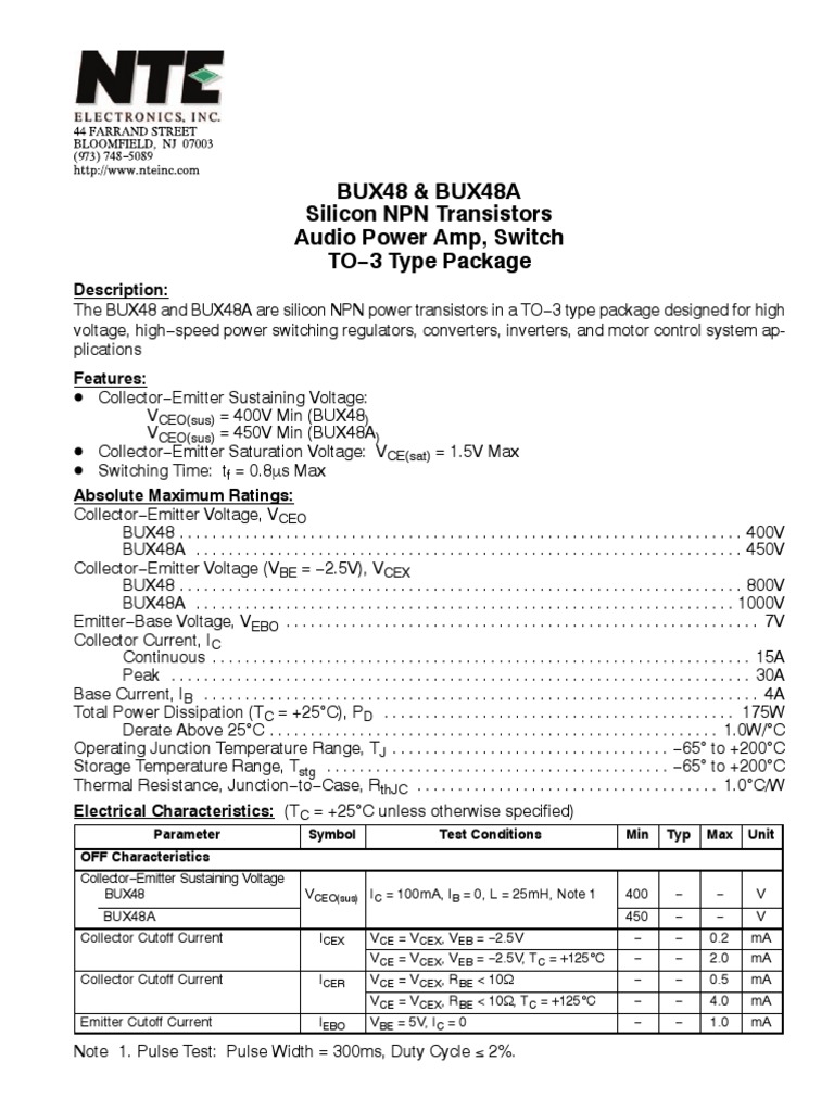 Bux48 A | Download Free PDF | Transistor | Bipolar Junction Transistor