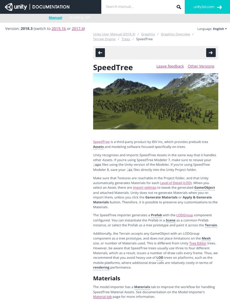 Unity - Manual: SpeedTree | PDF | Unity (Game Engine) | Computing Unity - Manual: SpeedTree | PDF | Unity (Game Engine) | Computing